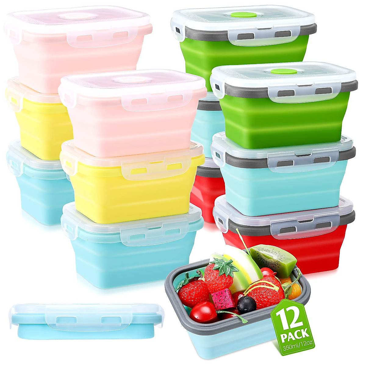 Maxdot Set of 12 Silicone Food Storage Containers Collapsible Bowls with Lids Vacuum Seal Silicone Lunch Box for Fruit Meal Freezer Kitchen Microwave Dishwasher Safe (Mixed Color, 12 oz)