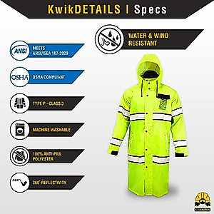 KwikSafety - Charlotte, NC - TORRENT High Visibility Rain Gear - FOLDABLE HOOD - Class 3 ANSI OSHA Reflective Waterproof Trench Safety Jacket/XL