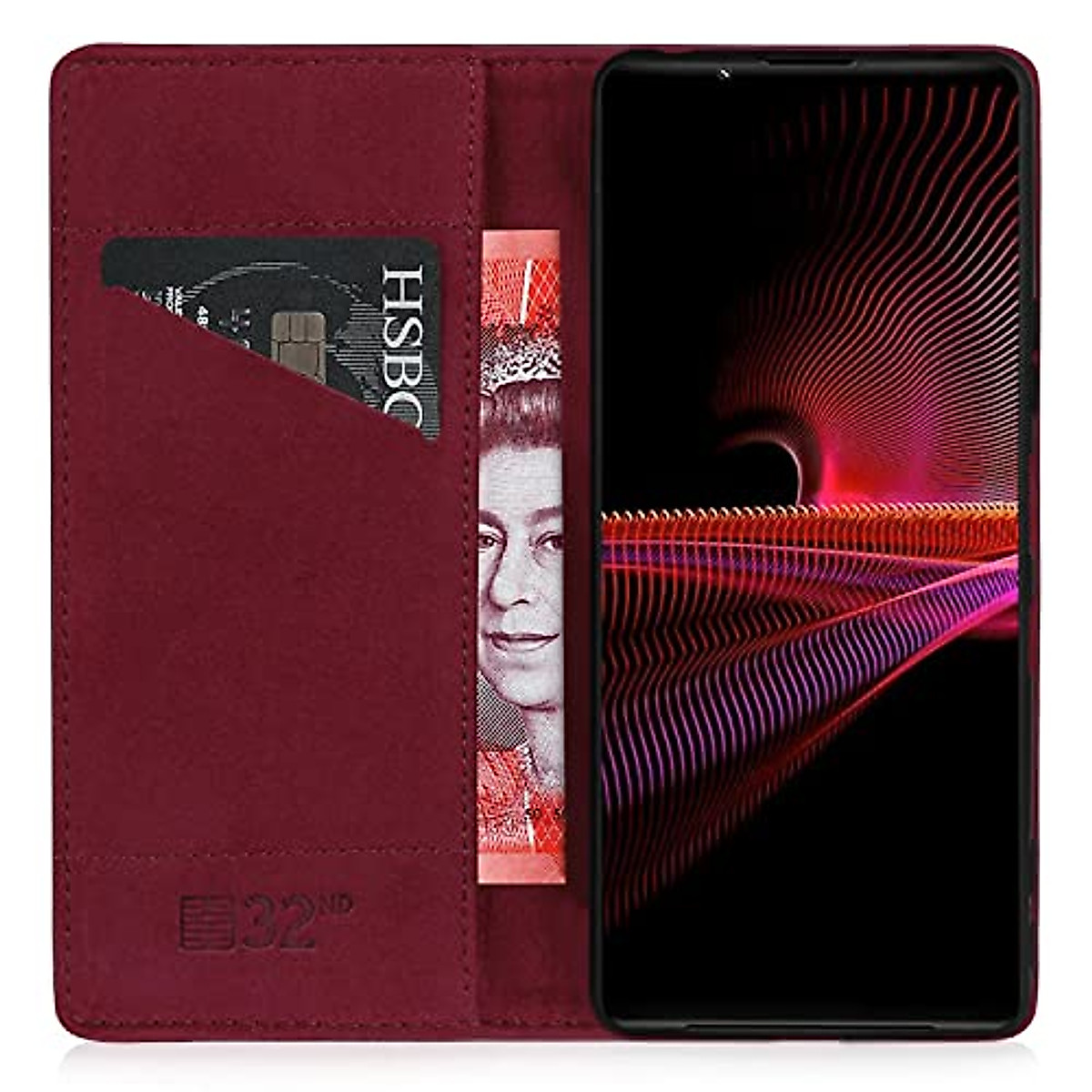 32nd Classic Series 2.0 - Real Leather Book Wallet Case Cover for Sony Xperia 1 III (2021), Real Leather Design with Card Slot, Magnetic Closure and Built in Stand - Burgundy