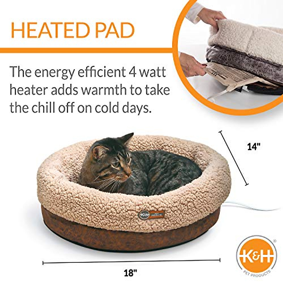 K&H PET PRODUCTS Thermo-Snuggle Cup Bomber - Indoor Heated Cat Bed Chocolate 14 X 18 Inches