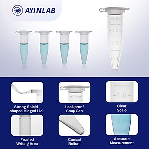 Microcentrifuge Tubes 1.5ml, AyinLab Polypropylene Plastic Tubes 500pcs, Lab Centrifuge Test Tubes with Leak-Proof Snap Caps and Clear Graduated Scale, Non-pyrogenic and DNase/RNase Free