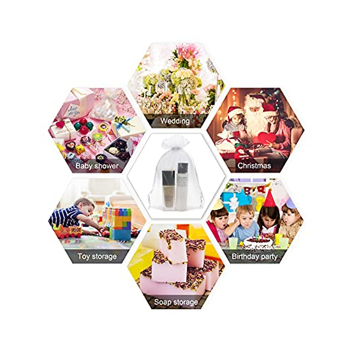 Jexila 50 Pack White Organza Bags 8X12 inch Large Mesh Gift Drawstring Pouch Goodie Bags for Party Christmas Wedding Party Favor Bags (White)