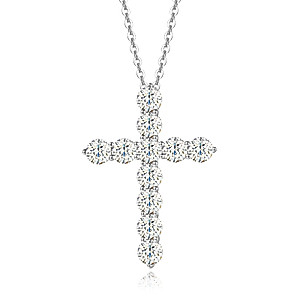 FANCIME 14K Solid White Gold 3 Prong Setting Cross Pendant Necklace with 1 Cttw Carat White Moissanite Gemstone Fine Delicate Jewelry Anniversary Christmas Gift Guide for Her Mom Women