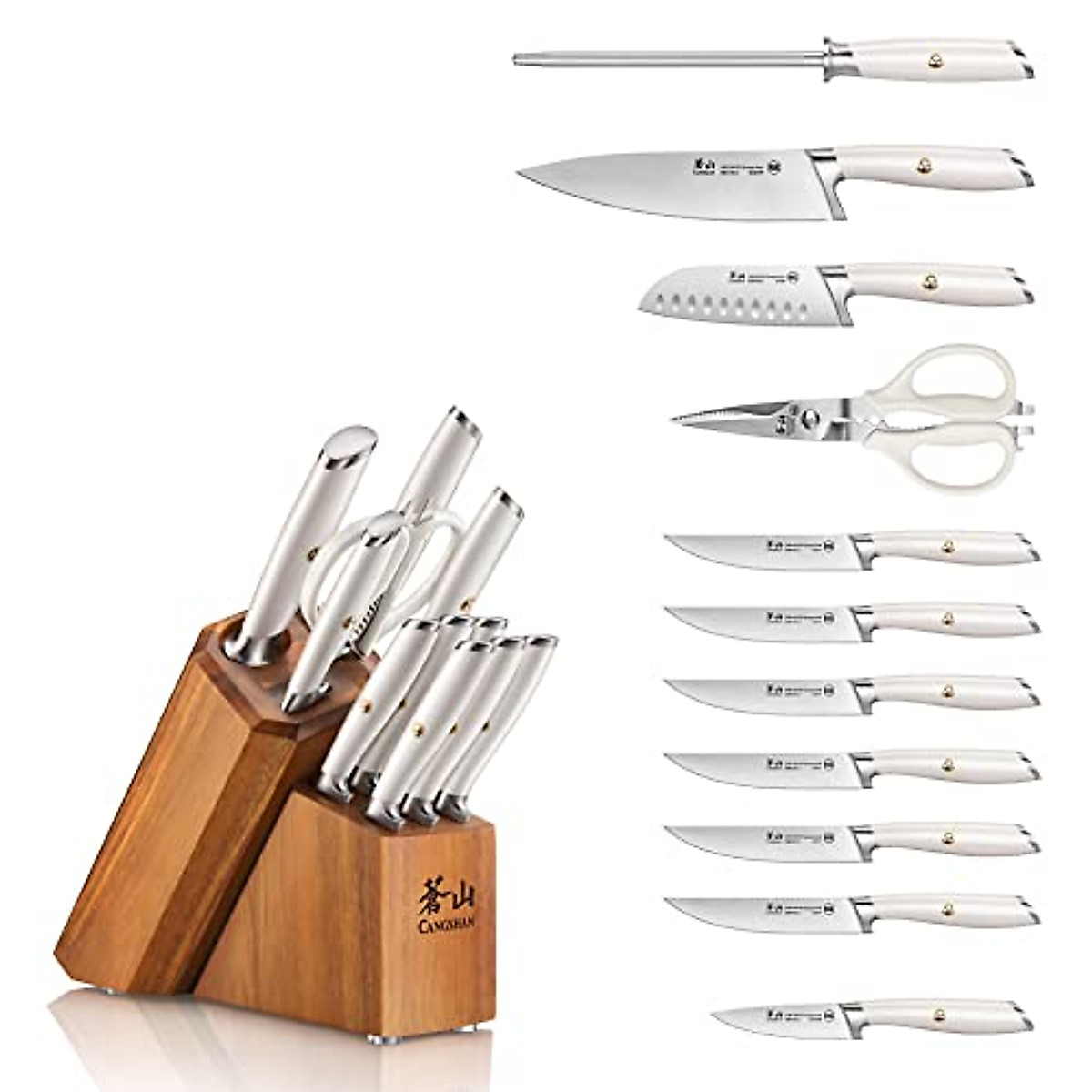 Cangshan L1 Series White 1026078 German Steel Forged 12-Piece Knife Block Set with 6 Steak Knives, Acacia Block