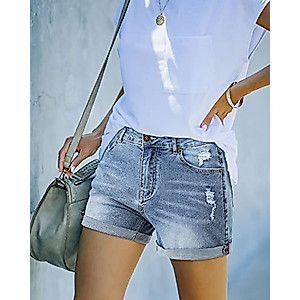 Casual Denim Shorts for Women Mid Rise Rolled Hem Ripped Jeans Cute Hot Pants Short Light Blue Large
