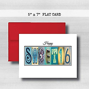 Personalized Sweet 16 Happy Birthday Card, 5" x 7" FLAT CARD, Milestone Greeting Cards