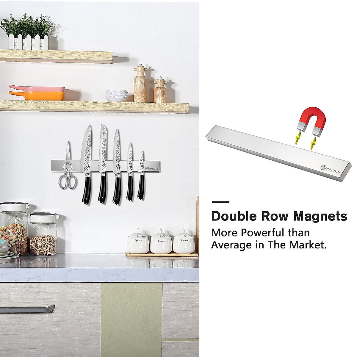 Paudin 17.7 Inch Stainless Steel Magnetic Knife Bar-Use as Knife Holder for Wall, Knife Rack, Knife Strip, Kitchen Utensil Holder and Tool Holder/Storage