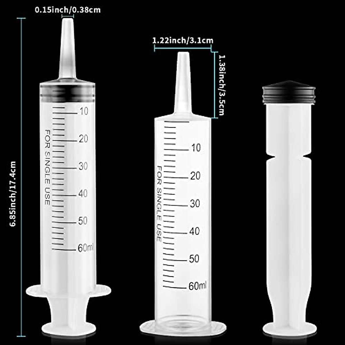 Ackers 50Pcs 60ml Large Plastic Syringe Individually Sealed with Measurement & Cap,for Scientific Laboratory and Dispensing Multiple Uses Measuring Syringe Tools
