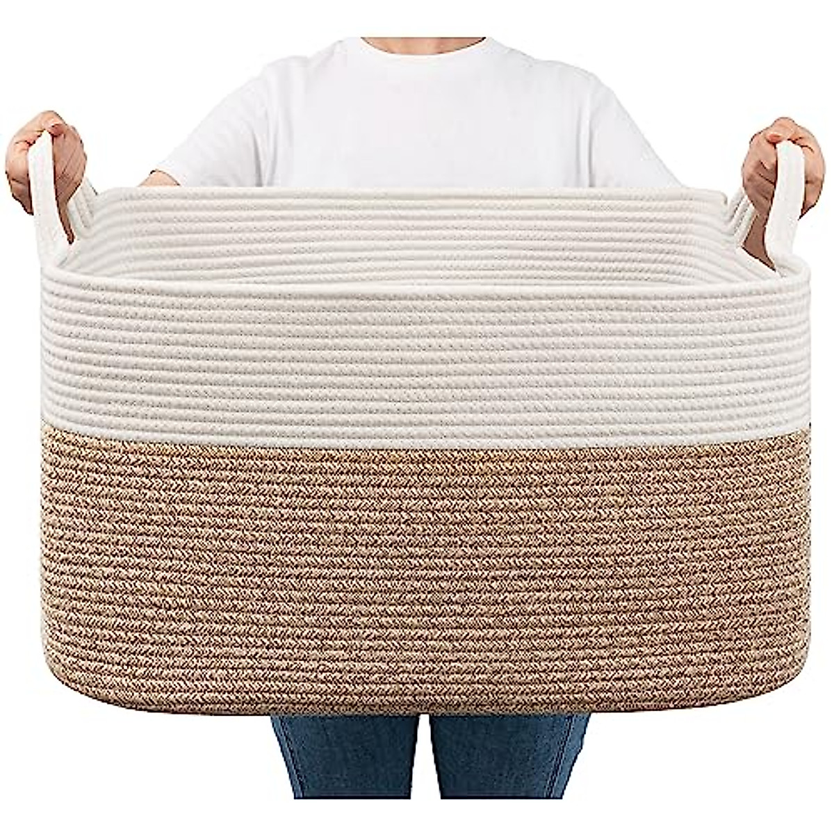 Goodpick Large Blanket Basket, Woven Basket for Storage Rectangle Dirty Clothes Basket for Laundry, Living Room, Nursery, Bedroom Rope Storage Basket for Blankets, Toys, 21.6" x 14.9" x 11.8", 65L