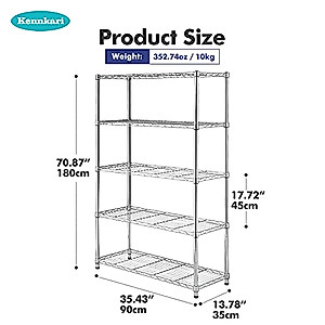 Kennkari 36“ × 14” Free Standing Shelving Unit, 5-Tier Adjustable Metal Shelf Organizer Rack for Pantry/Laundry/Kitchen/Dorm, Wire Storage Shelves (Silver)