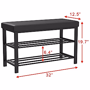 Finnhomy Entryway Shoe Rack with Cushioned Seat, 2 Shelves Storage Bench w/Faux Leather Top Bed Bench, Black