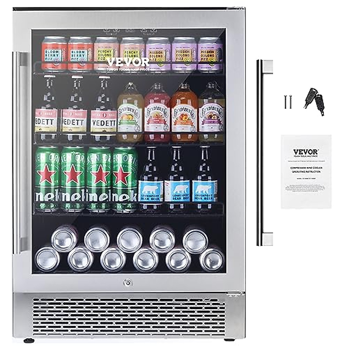 VEVOR Cooler 154 Cans Capacity Refrigerator Under Counter Built-in or Freestanding Beverage Fridge with Blue LED Light, Tempered Glass Door, Child Lock for Drink Soda Wine, Silver