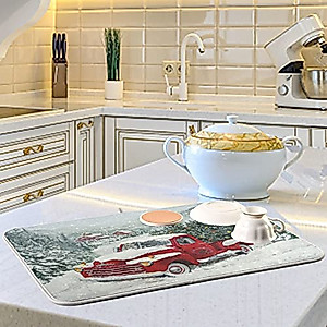 xigua Christmas Truck Dish Drying Mat for Kitchen Counter,Texture Ultra Absorbent Reversible Microfiber Dishes Drying Rack Pad Heat-resistant Mats 16x18in