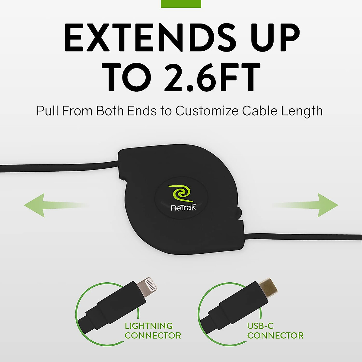 ReTrak Premier Series Retractable Lightning to USB-C Charge and Sync Cable, 18W High Speed Charging Lightning to Type C Charger for iPhone 13s, AirPods Pro, 2.6ft, Black, 2.6 Feet (ETLTCBLK)