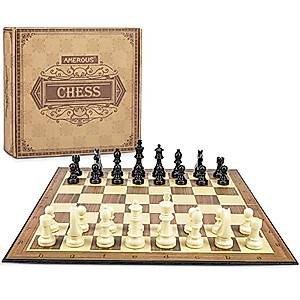 AMEROUS Upgraded Weighted Chess Pieces with 3.0 Inch King / Extra Bonus Folding Portable 15 inch Chess Board / 2 Extra Queens / 2 Storage Bag for Chessmen / Chess Board Game for Beginner