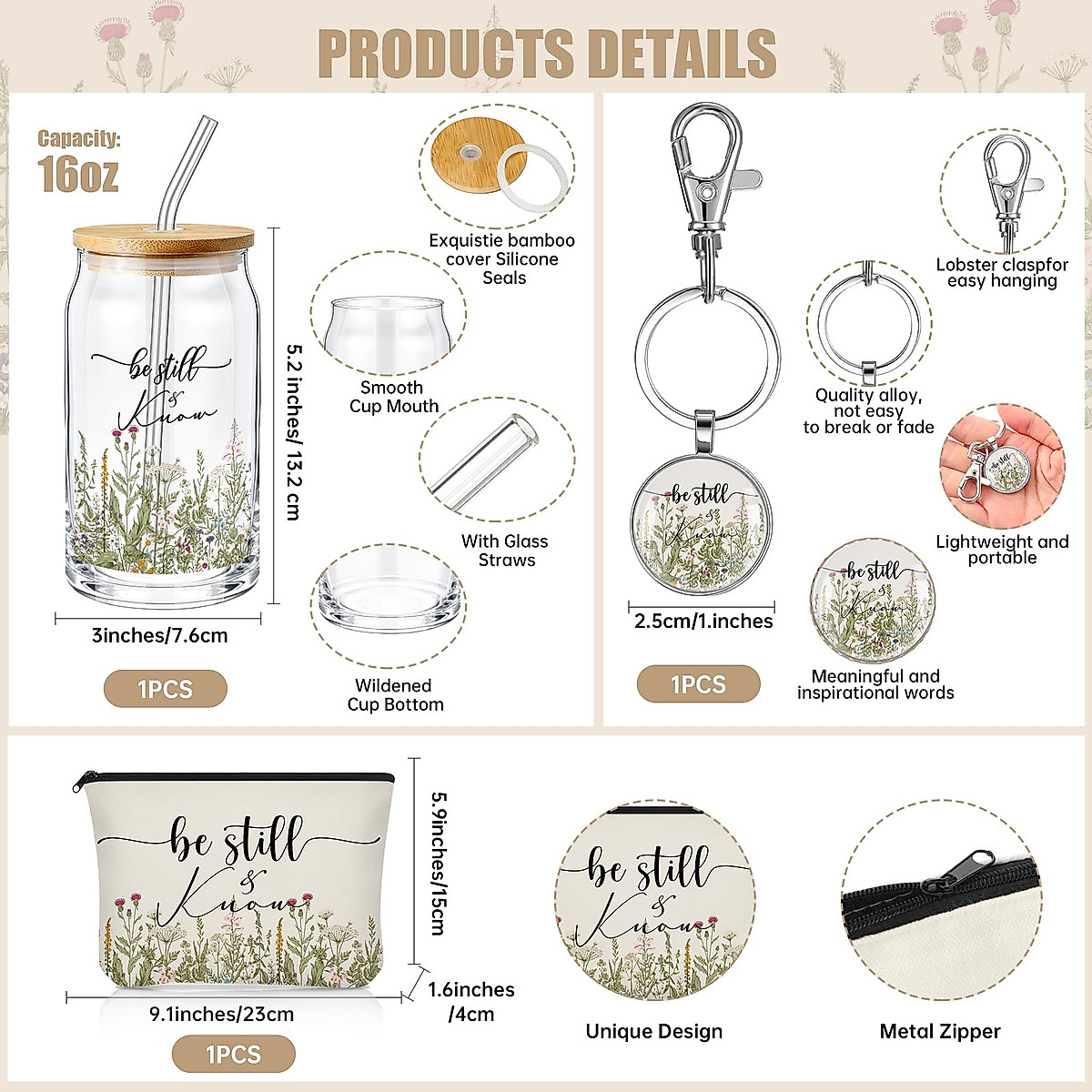 Ziliny 3 Pcs Christian Gifts for Women Be Still and Know Religious Gifts 16 oz Glass Cups with Lid Inspirational Scripture Keychain Bible Verse Cosmetic Bag Gifts for Teacher Student(Flower)