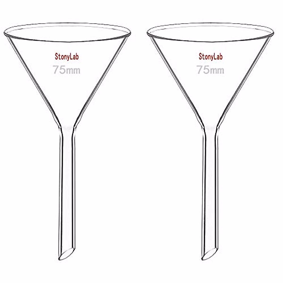 StonyLab 2-Pack Glass Heavy Wall Funnel Borosilicate Glass Funnel, Short Stem 75mm Diameter, 75mm Stem Length