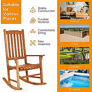 Tangkula Patio Rocking Chair, Indoor Outdoor Wooden Rocker Lounge Chair for Porch Garden Backyard Balcony, Rustic High Back Armchair w/Heavy-Duty 350 LBS Weight Capacity (1)