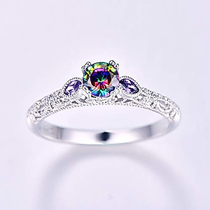 Pakula Women Silver Tone Simulated Rainbow Topaz Stacking Gemstone Finger Ring Fashion Jewelry Gift Wife Party Band