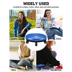 Lanstics Low Roller Seat Wheel Stool Chair PU Leather Rolling Stool Seats on Wheels for Home Office Fitness Round Roller Seat Stool (Blue)