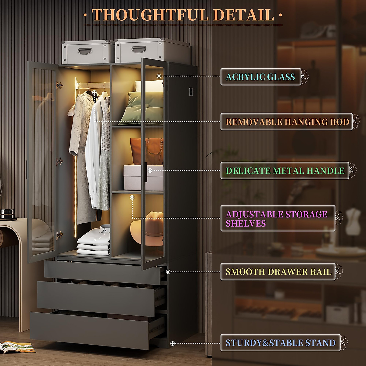 Vlsrka LED Armoire Wardrobe Closet Cabinet with 3 Drawers, 2 Doors Bedroom Storage Wardrobe with Lights, Adjustable Shelves, Hanging Rod, Modern Design, Grey - 70"