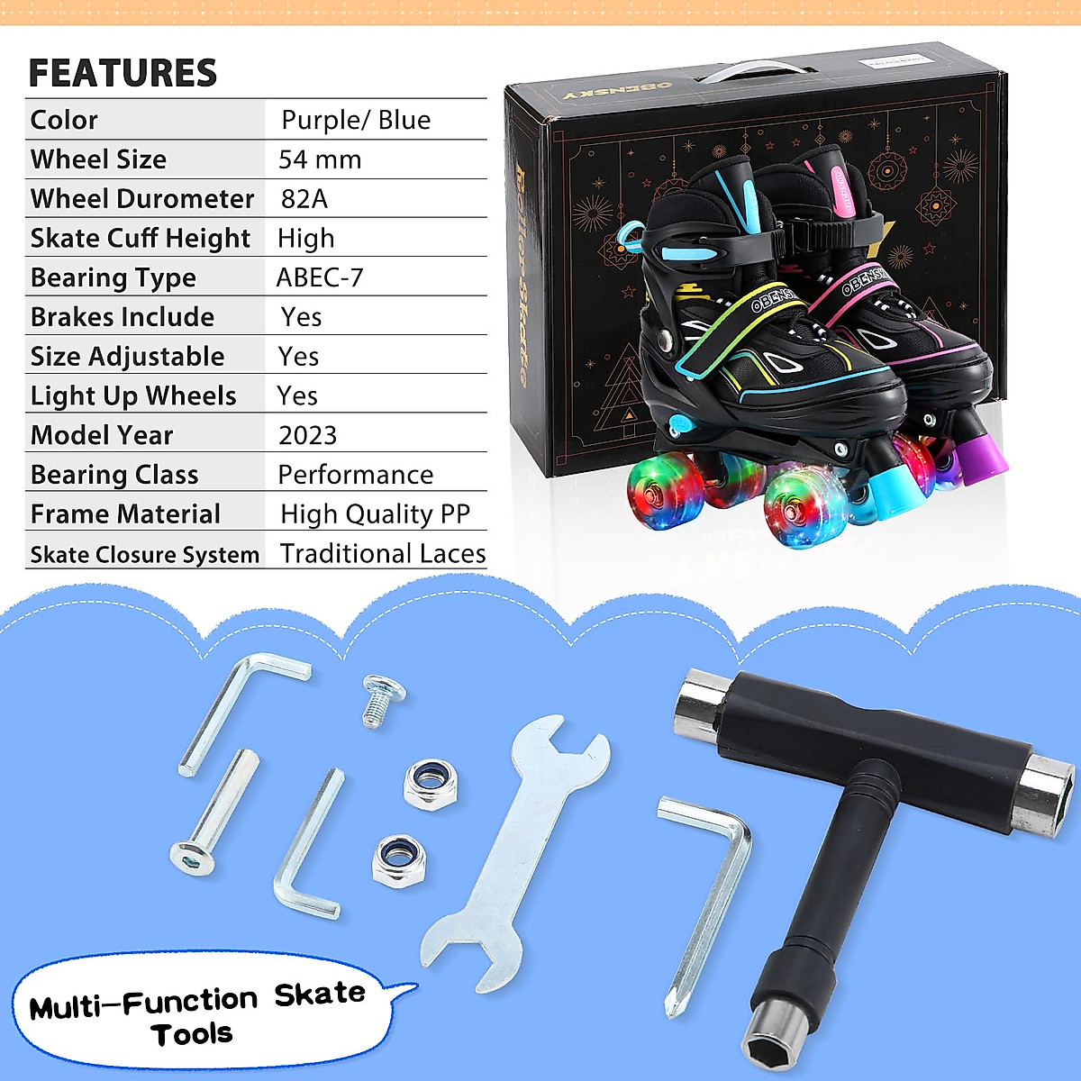 Kids Roller Skates for Girls and Boys, 4 Sizes Adjustable Roller Skates with 8 Light Up Wheels, Fun Illuminating Toddler Rollerskates for Kids Youth Beginner, Patines para Niñas Niños(3-6, Blue)