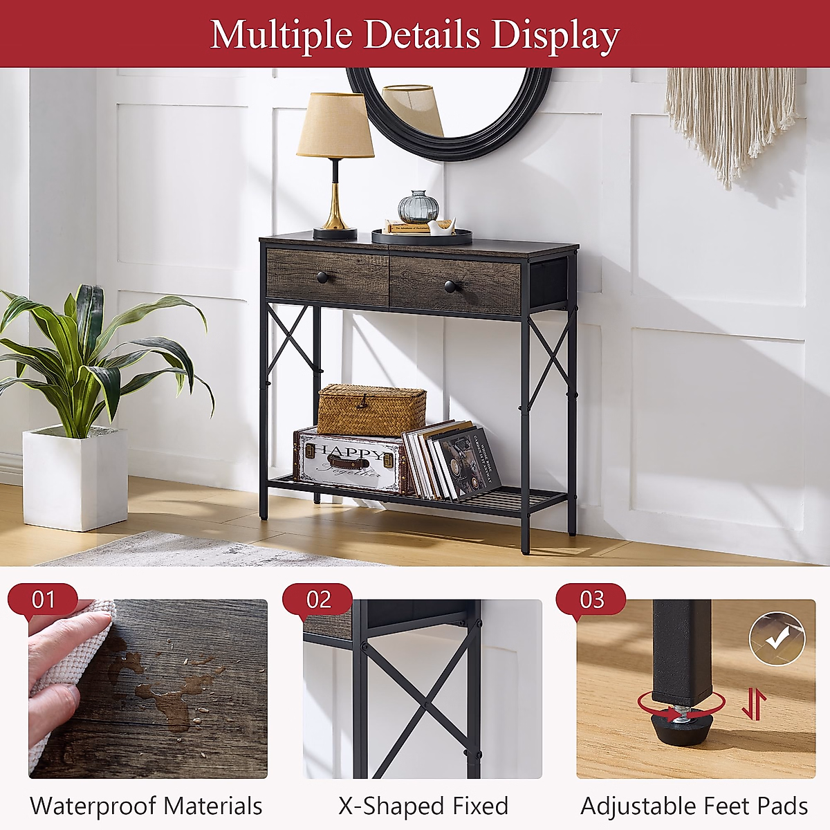 Tajsoon Console Table with 2 Fabric Drawers, 2-Tier Industrial Entryway Table with Storage Shelves, 31.5'' Narrow Sofa Table, Display Shelf for Entryway, Hallway, Living Room, Foyer, Greige