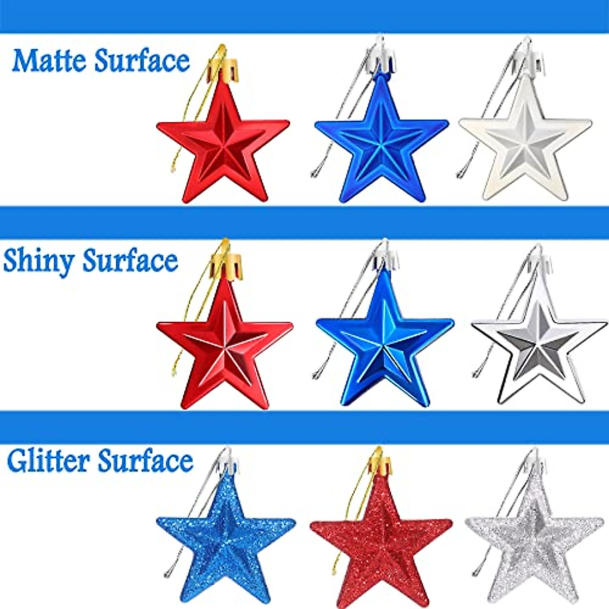 JULMELON 36Pcs Patriotic Star Ornaments Memorial Day Independence Day Labor Day Veterans Day Decorations for Home Party Christmas Tree Decor, Blue Red and Silver