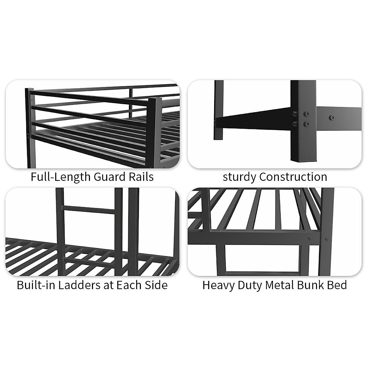QSOSTNS Twin Over Twin Bunk Bed, Metal Low Profile Bunkbed with Side Ladder, Heavy-Duty Sturdy Metal, Noise Reduced, Safety Guardrail, No Box Spring Needed (Black)
