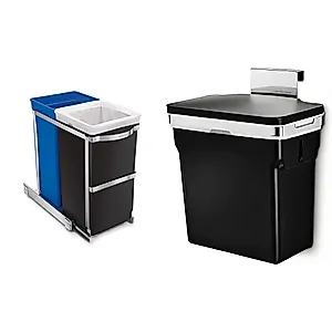 simplehuman 35 Liter / 9.3 Gallon Dual Compartment Under Counter Kitchen Cabinet Pull-Out Recycling Bin and Trash Can & 10 Liter / 2.6 Gallon in-Cabinet Trash Can Heavy-Duty Steel Frame, Black