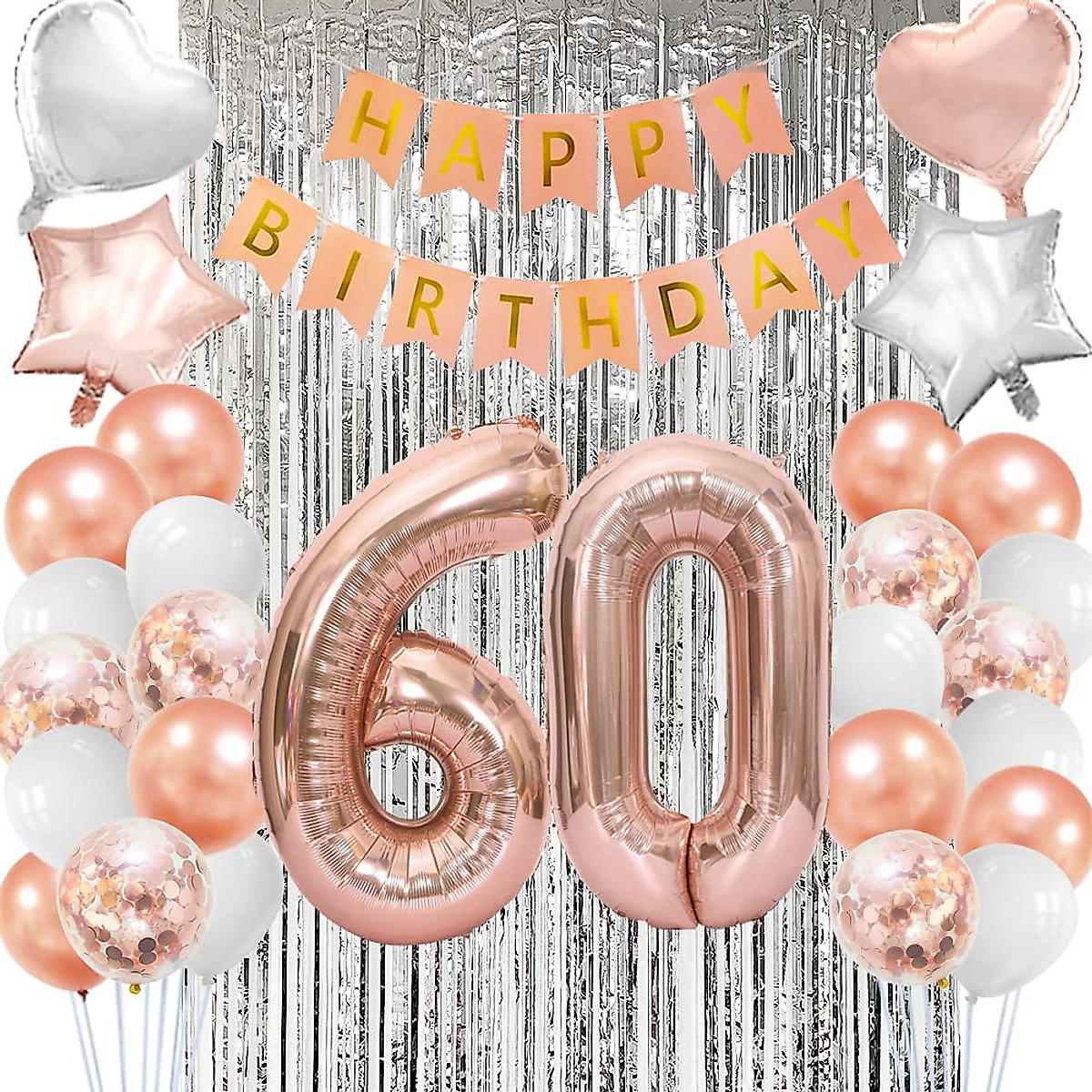 60th Birthday Decorations for Women Rose Gold Happy 60 Birthday Banner 60th Birthday Party Decorations 60 Balloon Numbers