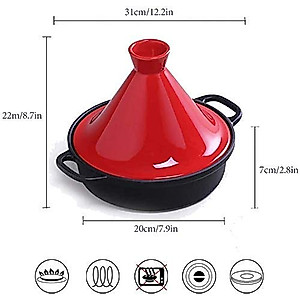 NESKX Ceramic Cooking Pot Cast Iron Pot with Lid Cast Iron Tagine Pot 20Cm,Tajine Cooking Pot with Enameled Cast Iron Base and Cone-Shaped Lid Lead Free Stew Casserole Slow Cooker,Red Casserole Pa