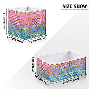 Mermaid Scales Fish Storage Baskets for Shelves Foldable Collapsible Storage Box Bins with Fabric Bins Cube Toys Organizers for Pantry Organizing Shelf Nursery Home Closet,11 x 11inch