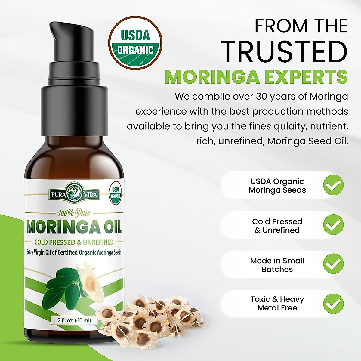 USDA Organic Moringa Seed Oil: 100% Pure, Cold Pressed, Unrefined Moringa Oleifera Seed Oil. 2 oz Bottle with Treatment Pump. For Skin and Hair - Food Grade for Oral Consumption