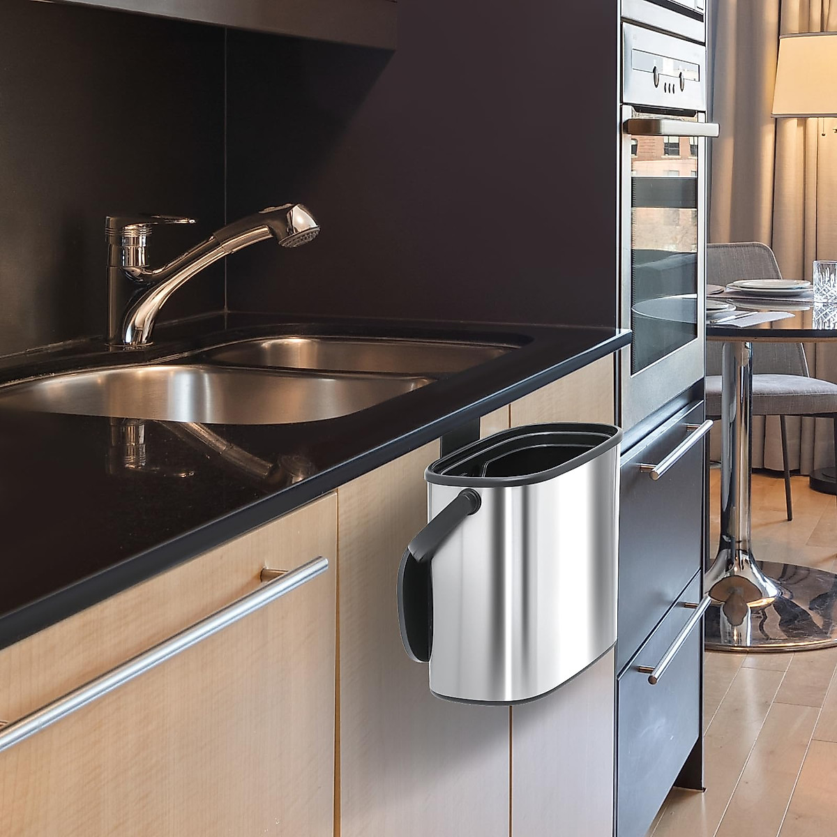 MoNiBloom 1.3-Gallon Small Hanging Trash Can for Kitchen Bathroom Bedroom Living Room Home Office Dorm Fingerprint-Proof Garbage Bin Removable Lid Brushed Stainless Steel 5-Liter