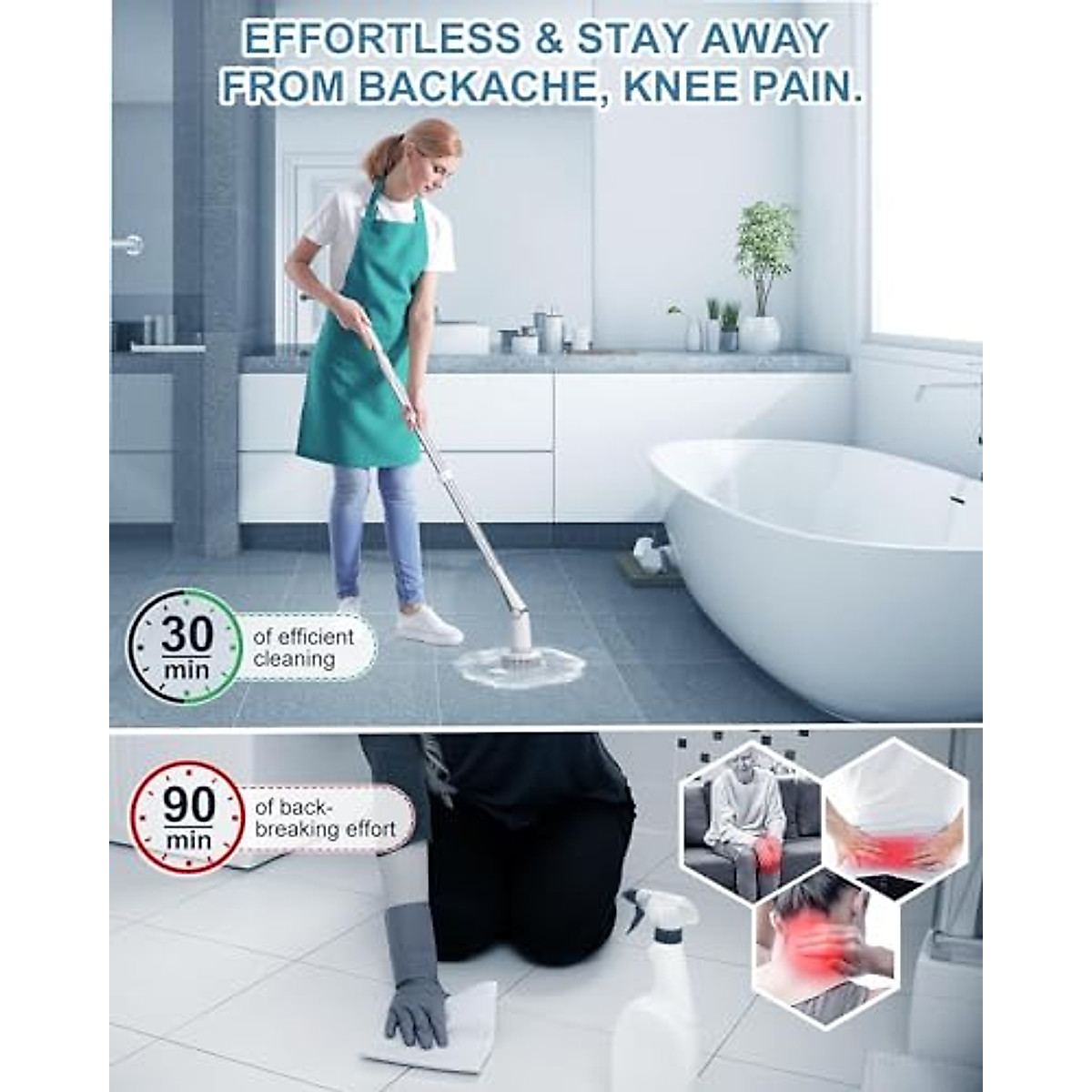 600RPM Electric Spin Scrubber, BIUBLE Cordless Cleaning Brush with Adjustable Long Handle, 5 Upgrade Replaceable Brush Heads & Velcro, Bathroom Shower Cleaning Scrubber for Bathtub Grout Tile Floor