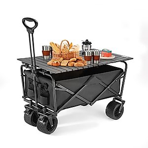 Collapsible Beach Cart with Table, Foldable Wagon for Camping, Shopping, Sports, Gardening, and Fishing - Portable Folding Wagon Cart Large Capacity Extended Trailer
