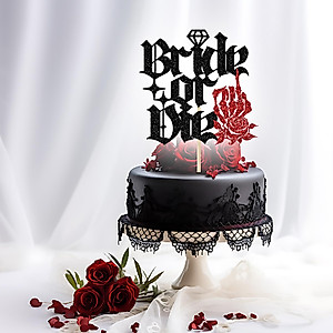 Bride or Die Cake Topper, Till Death Do Us Party, Rip Single Life, Halloween Gothic Wedding Bachelorette Party Decorations, Black and Red Glitter