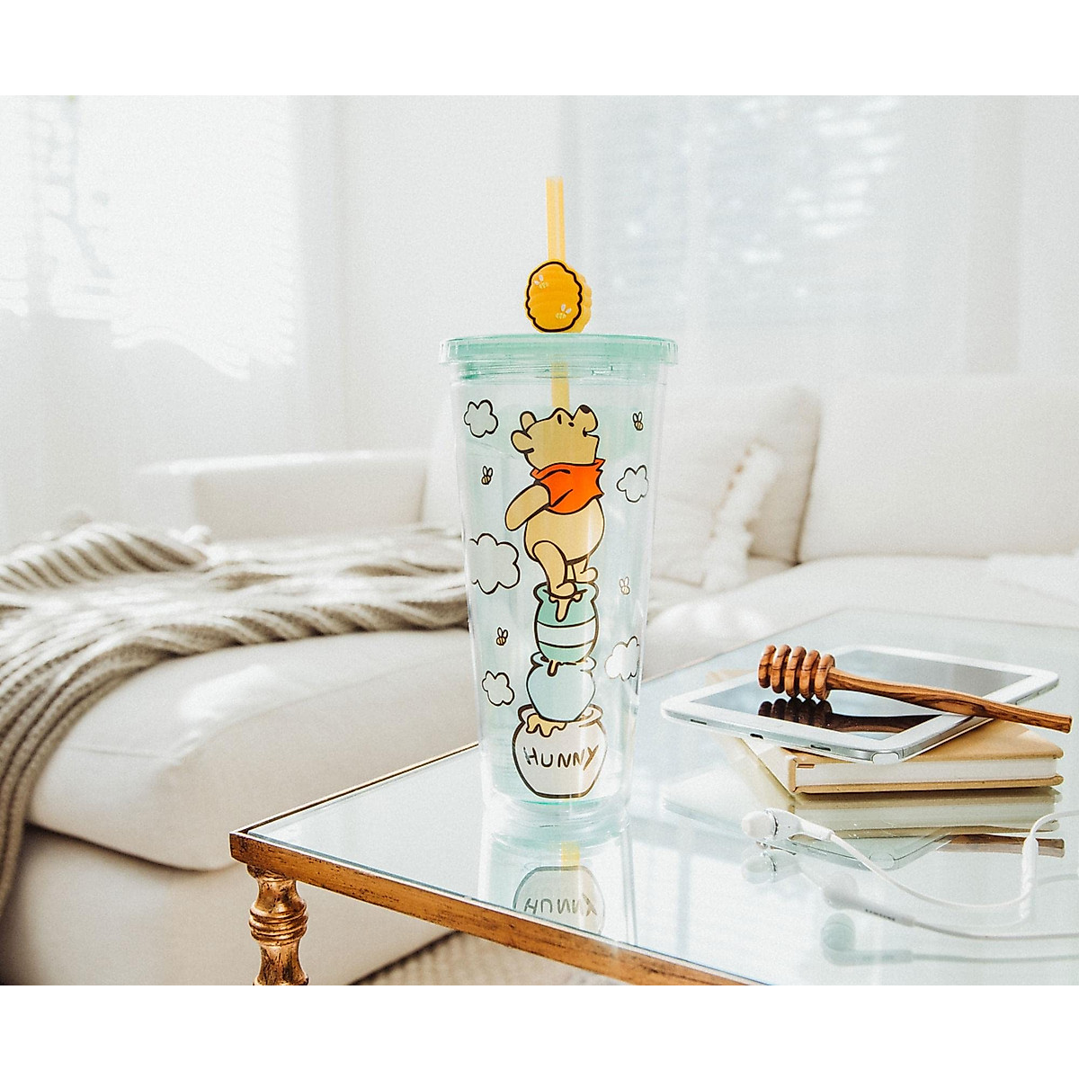 Silver Buffalo Winnie the Pooh Hunny Pot Carnival Cold Cup With Reusable Straw and Leak-Resistant Lid | Holds 24 Ounces