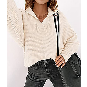 ZESICA Women's 2023 Fall Lapel Collar V Neck Long Sleeve Ribbed Knit Comfy Loose Casual Pullover Sweater Jumper Top,Beige,Medium