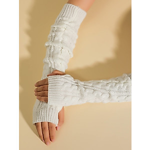 Verdusa Women's Knitted Arm Warmers Long Fingerless Gloves White one-size