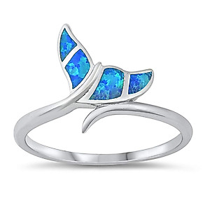 Blue Simulated Opal Mosaic Whale Tail Promise Sterling Silver Ring Size 5
