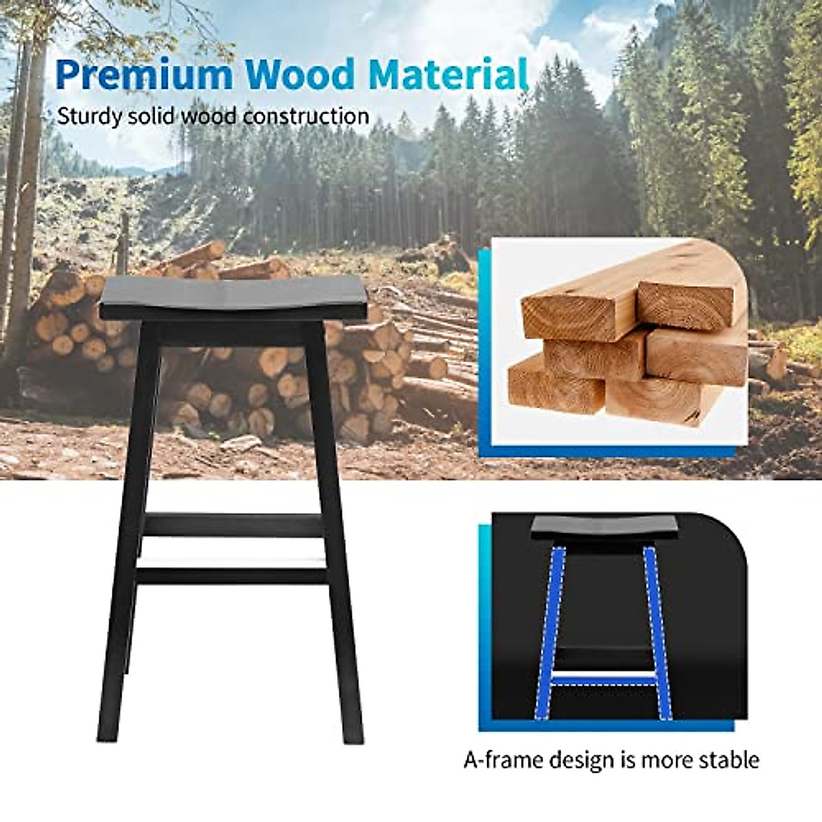 Black Bar Stools for Kitchen Island, Counter Height Bar Stools Set of 2, 30 Inch Wood Saddle Stool, Solid Wooden Seating with Footrest, Ideal for Breakfast Bar, Kitchen Island, Party Room, 2-Pack