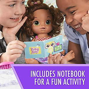 Baby Alive C2695 READY FOR SCHOOL BABY: Brown Hair Baby Doll, School-Themed Dress, Doll Accessories Include Notebook & Brush, Doll For 3-Year-Old Girls and Boys and Up, Multicolor (Amazon Exclusive)