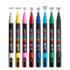 Posca Full Set of 8 Acrylic Paint Pens with Reversible Fine Point Pen Tips, Paint Markers for Rock Painting, Fabric, Glass / Metal Paint, and Graffiti
