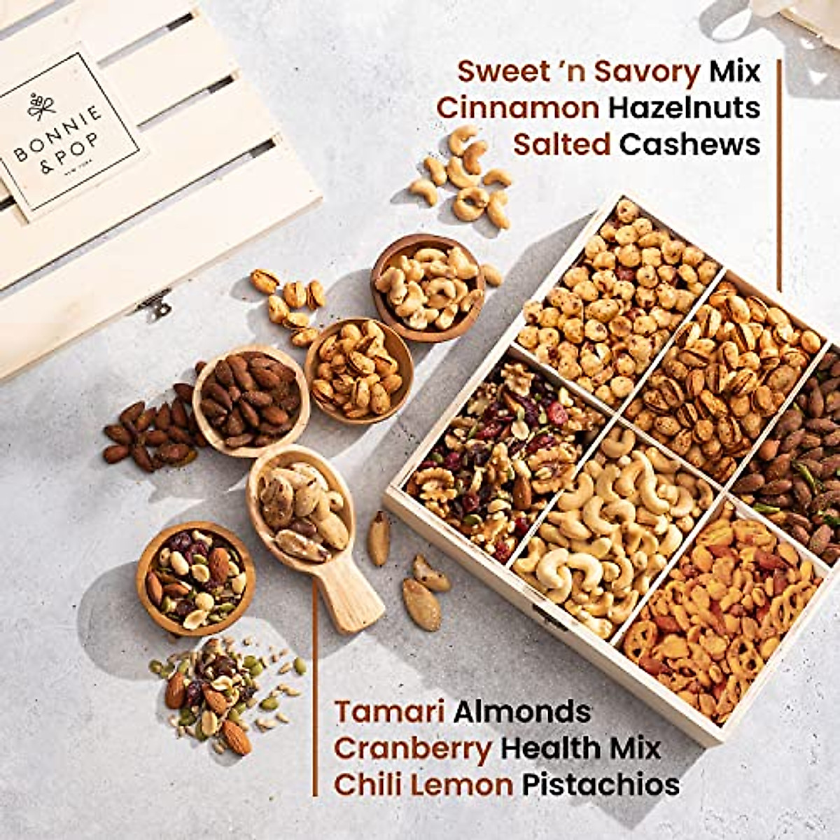 Nut Gift Basket, in Reusable Wooden Crate, Healthy Gift Option, Gourmet Snack Food Box, with Unique Flavors, Great for Easter, Mom, Dad, Feel Better, Sympathy & Birthday- Bonnie & Pop