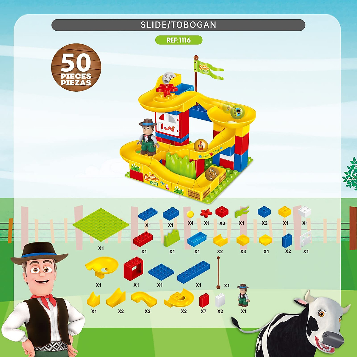 La Granja de Zenon Marble Run Building Blocks Set for Kids Big Bricks Track Maze STEM Toy Race Track Compatible with All Major Brands with 4 Marbles Balls for Boys Girls Toddlers Ages 3 4-8+ (50 PCS)