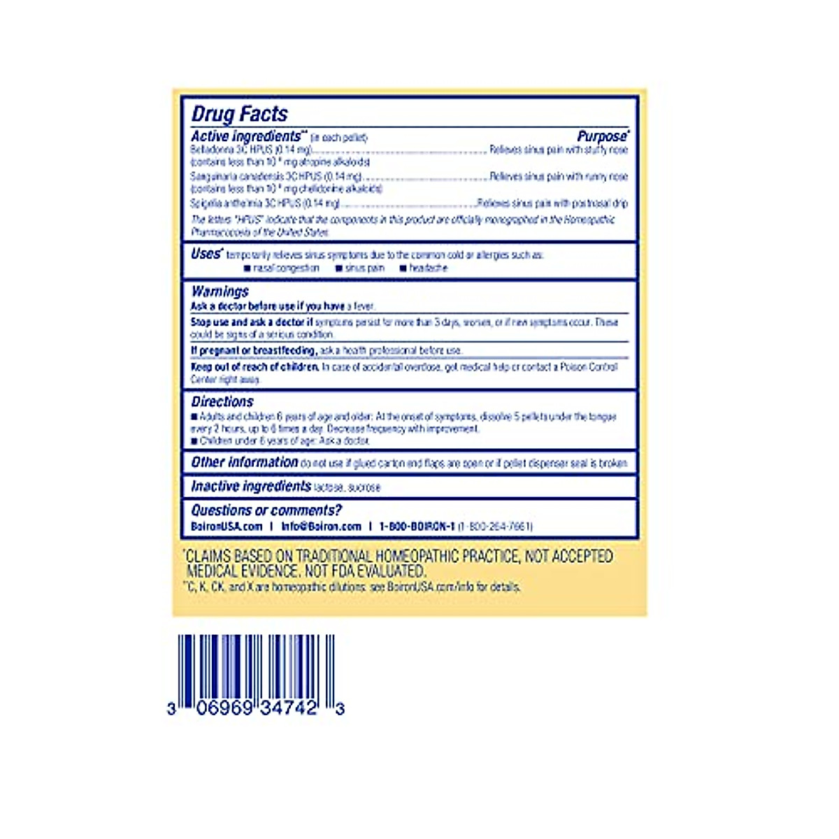 Boiron SinusCalm Pellets for Sinus Pain Relief, Runny Nose, Congestion, Sinus Pressure, Headache - 2 Count (160 pellets)