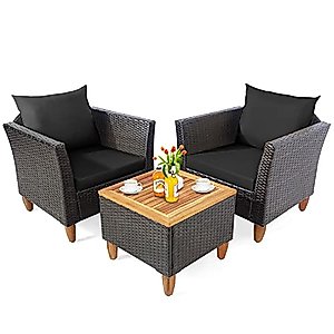 Tangkula 3-Piece Patio Furniture Set, Patiojoy Outdoor PE Wicker Bistro Set with Soft Cushions and Solid Acacia Wood, Outdoor Conversation Set with Porch, Balcony and Garden (Black)