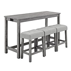 LKTART 4 Piece Bar Table Set Dining Bar Table and Chairs Set with Power Outlet Industrial Breakfast Table with 3 Padded Stools Rustic Bar Kitchen Dinning Room Living Room Grey